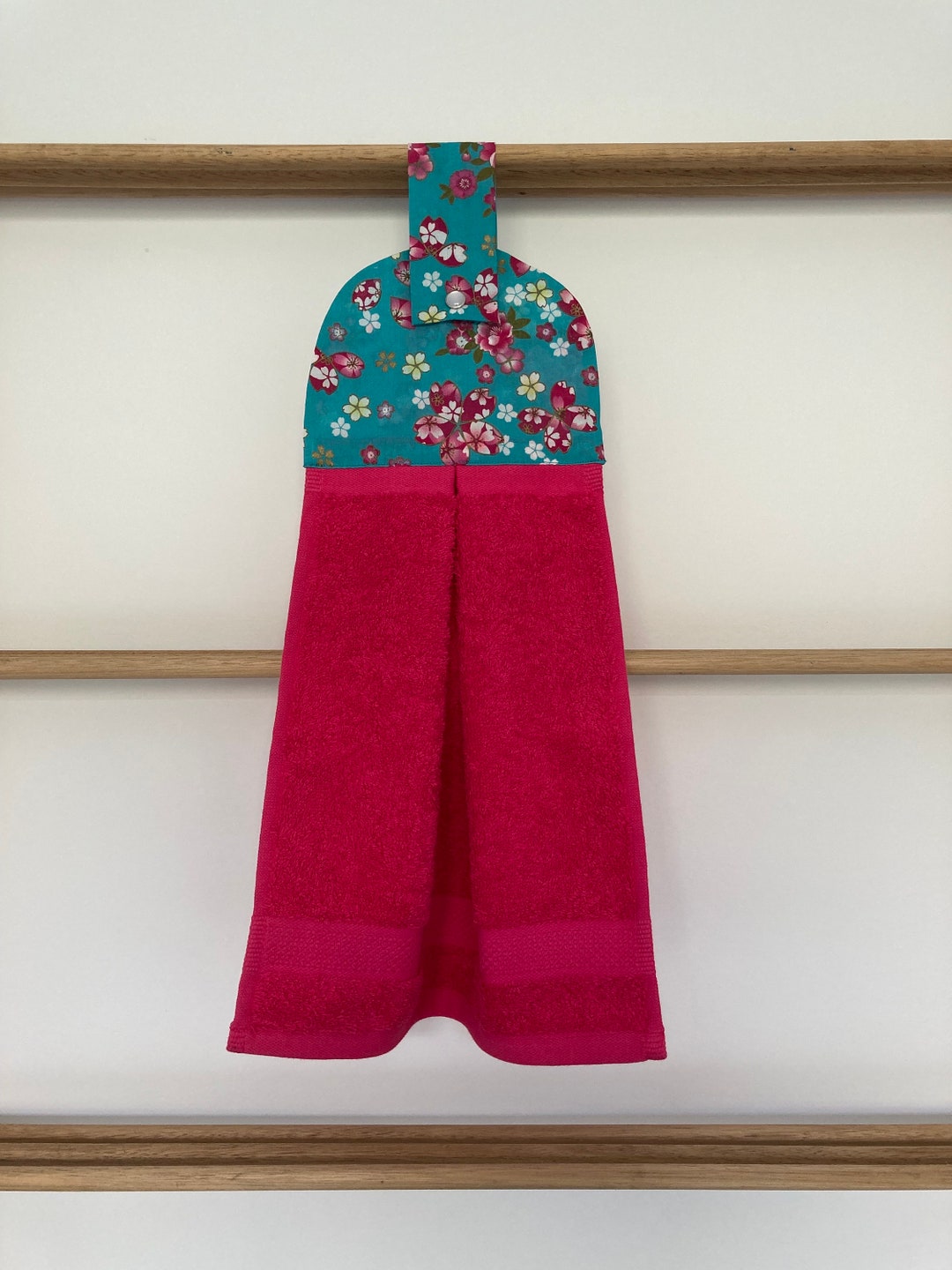 Hanging Hand Towel Floral on a Hot Pink Colour Towel With a Pearl Press ...