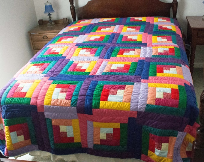 Fun & Funky Log Cabin Quilt, Bright Primary Colors, Hand Quilted, 75 X ...