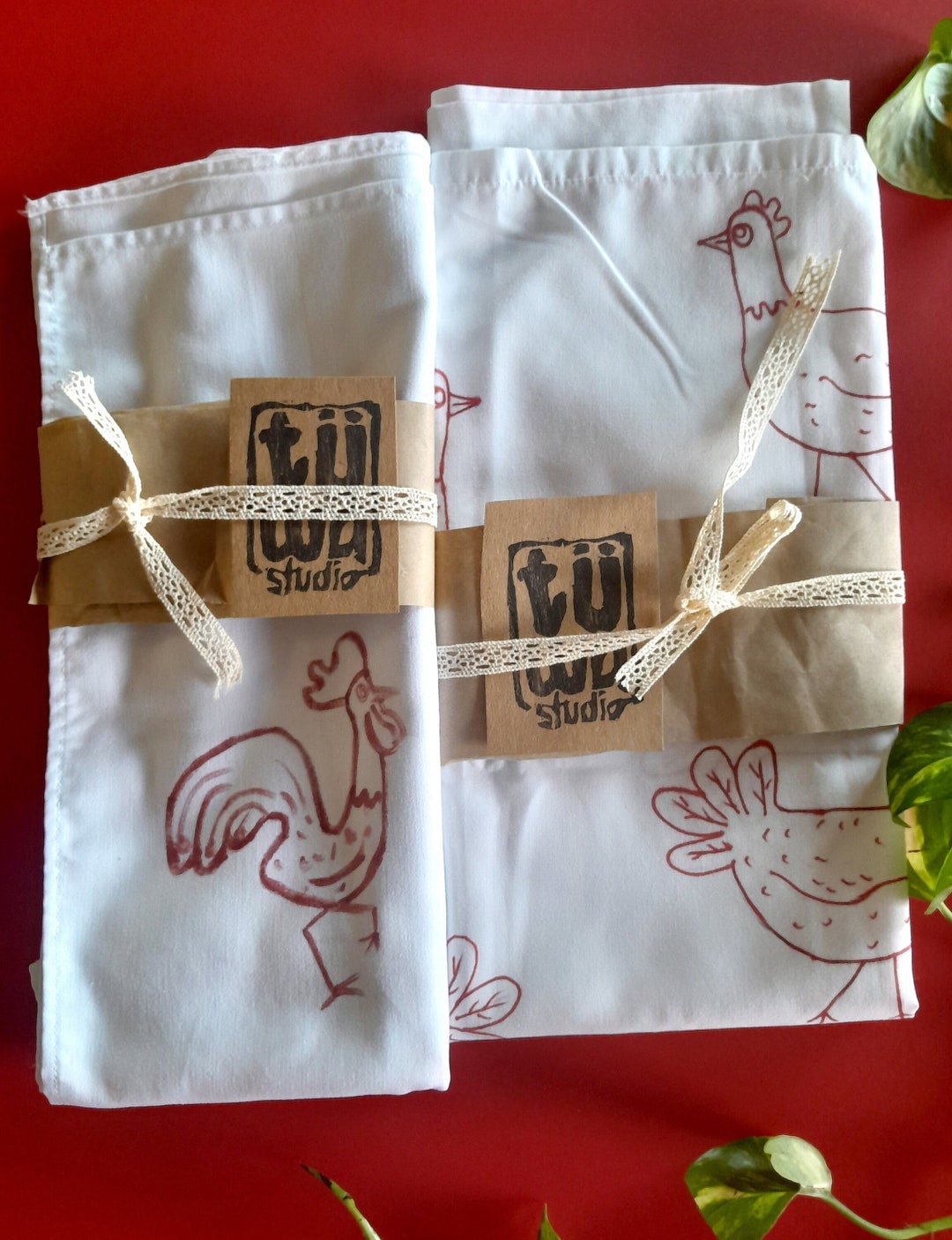 Set of 2 Hand Painted Tea Towels Chicken and Rooster Tea Towel Hand ...