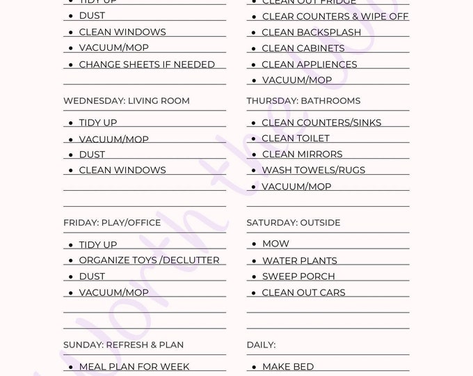 Weekly Cleaning Schedule List - Etsy Canada