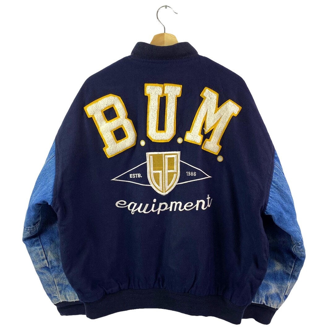 BUM Equipment Jacket Blue College Varsity Bomber VTG 90s Wool Denim ...