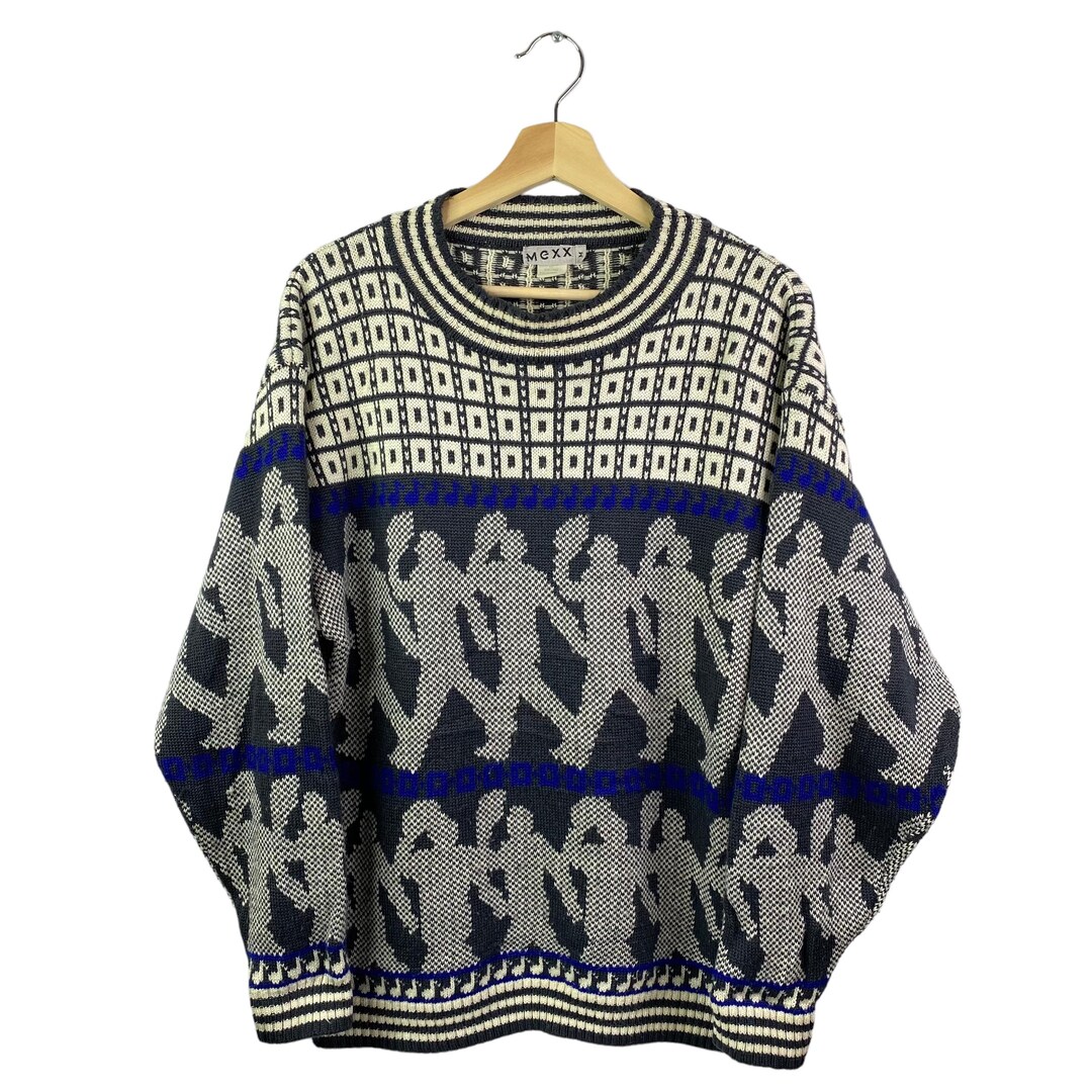 VTG 80s Mexx Music Note Jazz Dance Fun Knit Sweater Musical Showbiz AOP ...
