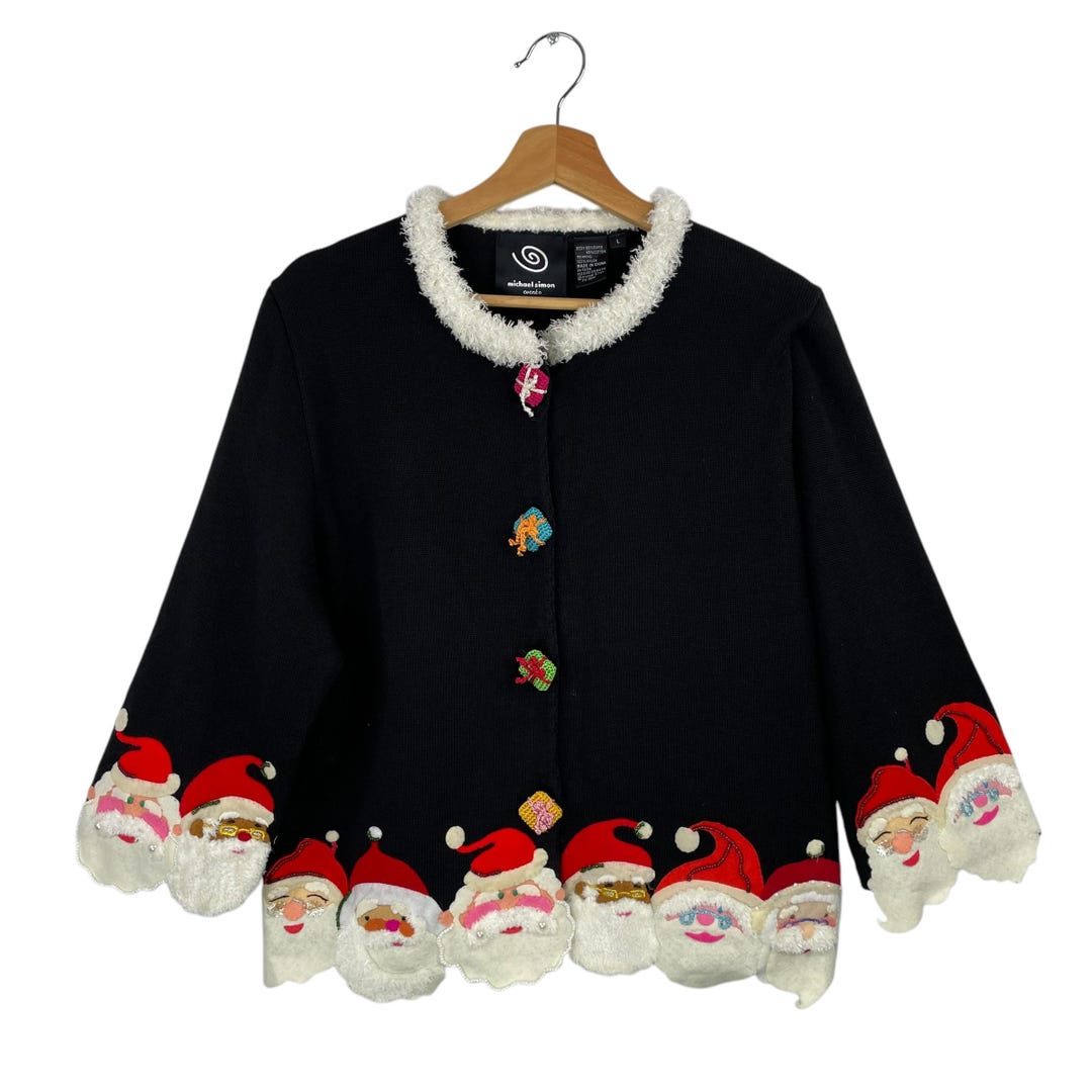 Michael Simon New York Cardigan Sweater Christmas Santa Claus Felt Art ...