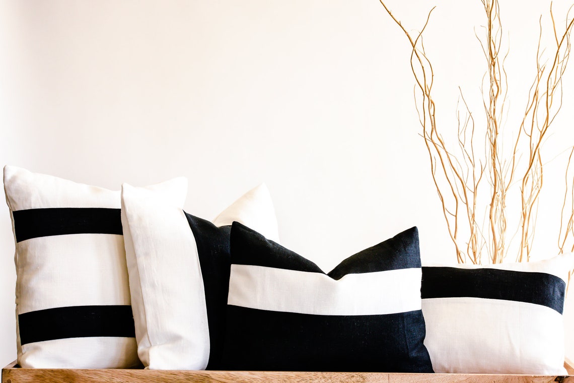 12 X 16 Off-white Horizontal Stripe on Contrasting Black Linen ...