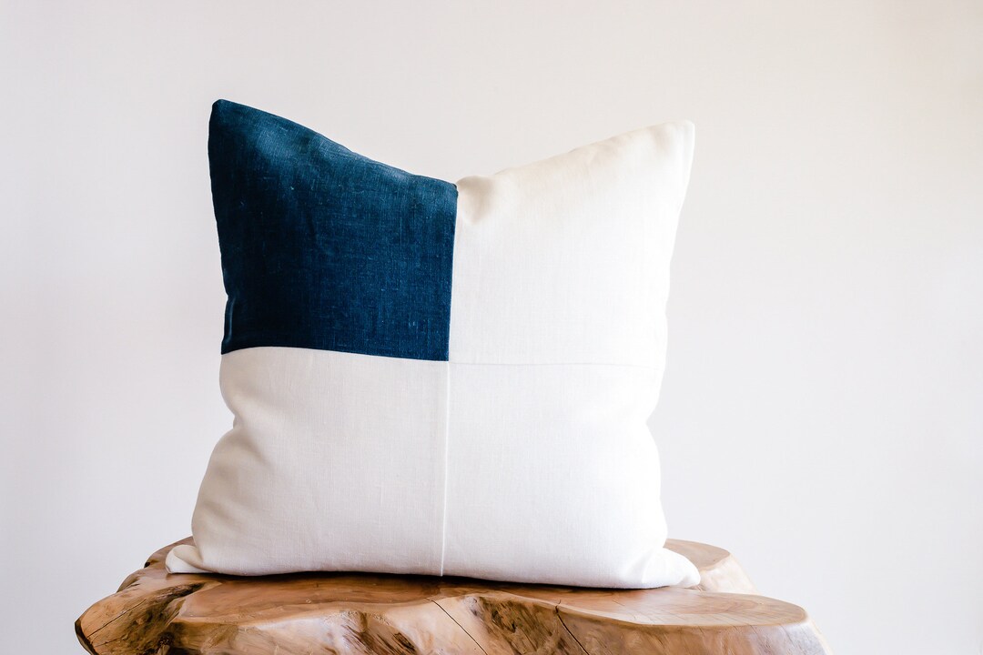 Deep-ocean Blue Solid Colored Square on Off-white Linen Decorative ...