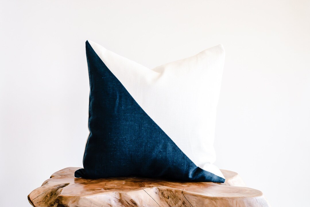 Deep-ocean Blue & Off-white Diagonal Linen Decorative Pillow Cover - Etsy