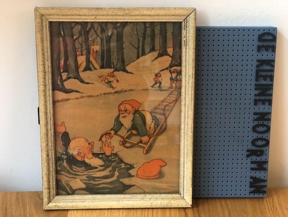 Little vintage Gnome picture in frame Winter landscape | Etsy