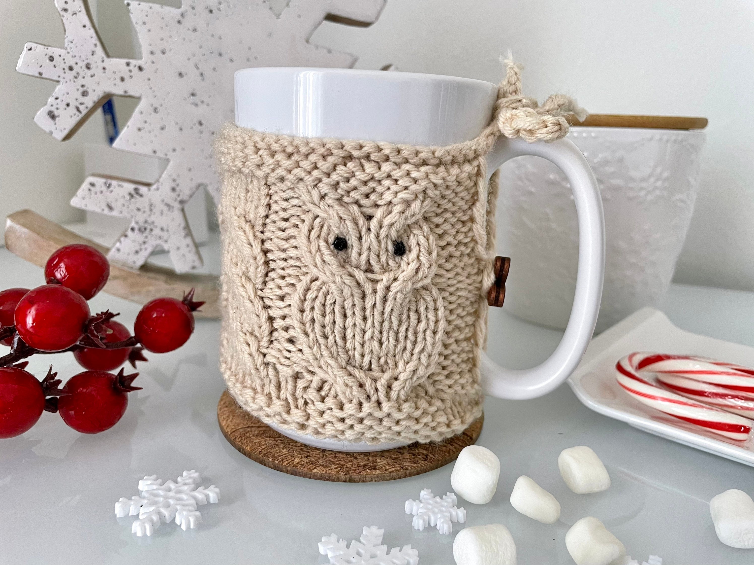 READY TO SHIP Owl Hand-knit Hug Mug Cup Cover, Winter Gift - Etsy