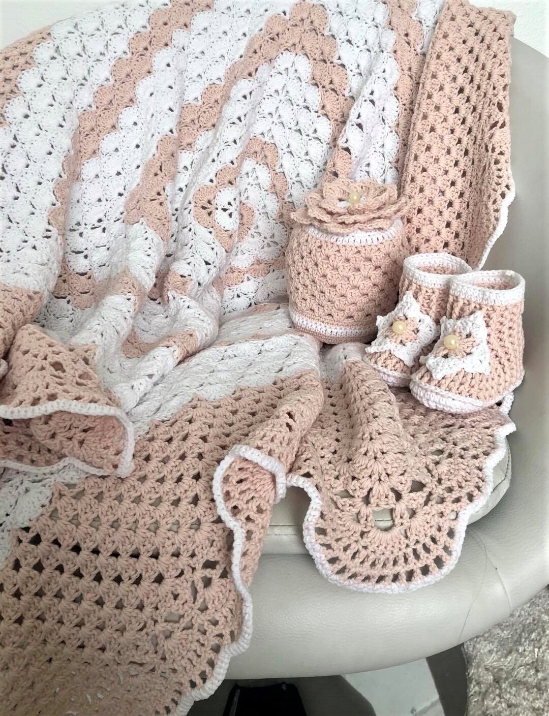 Blush Crochet Baby Set, Cotton Acrylic Blanket, Hat, Booties - Etsy