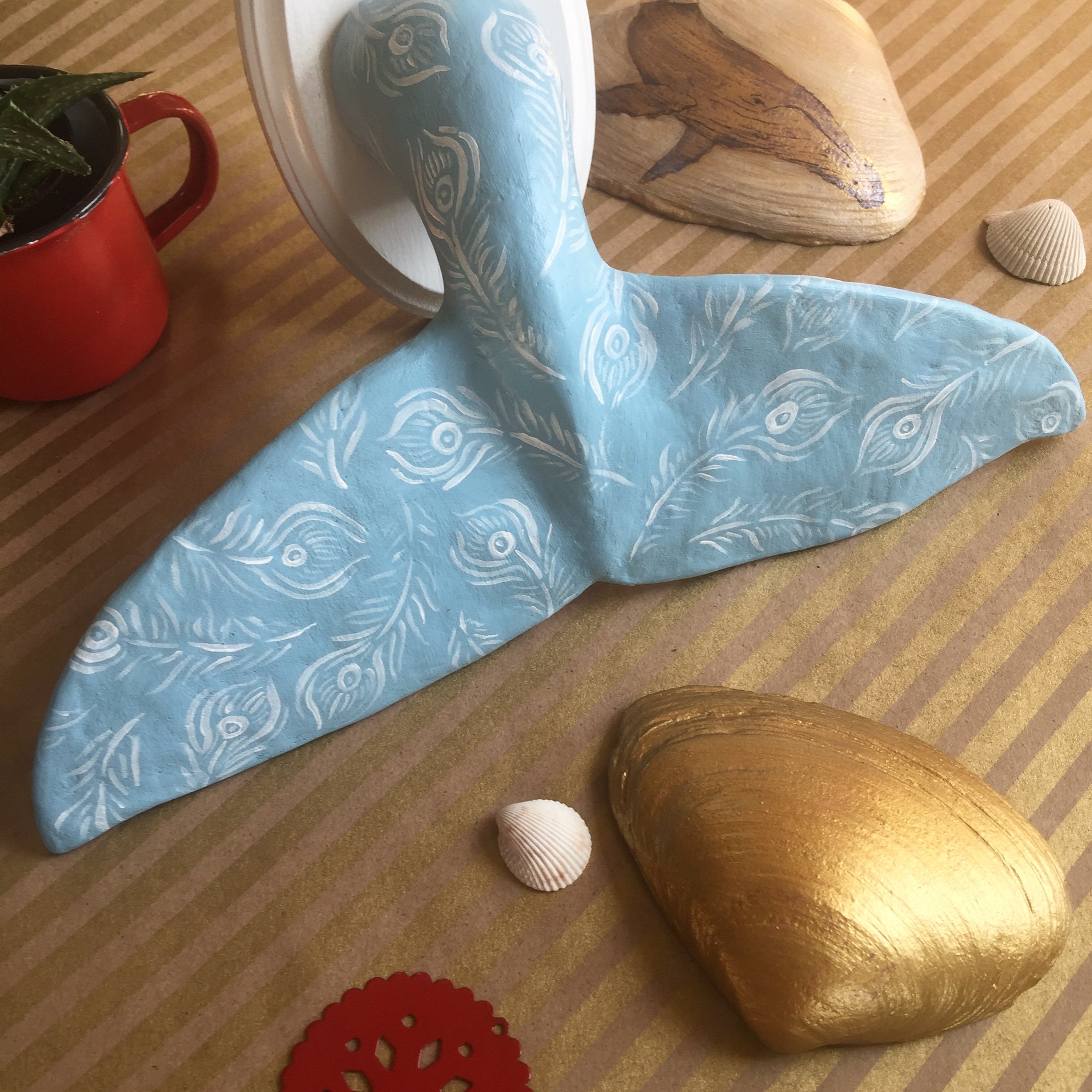 Paper Mache Humpback Whale Tail With Peacock Feathers, Whale, Whale ...
