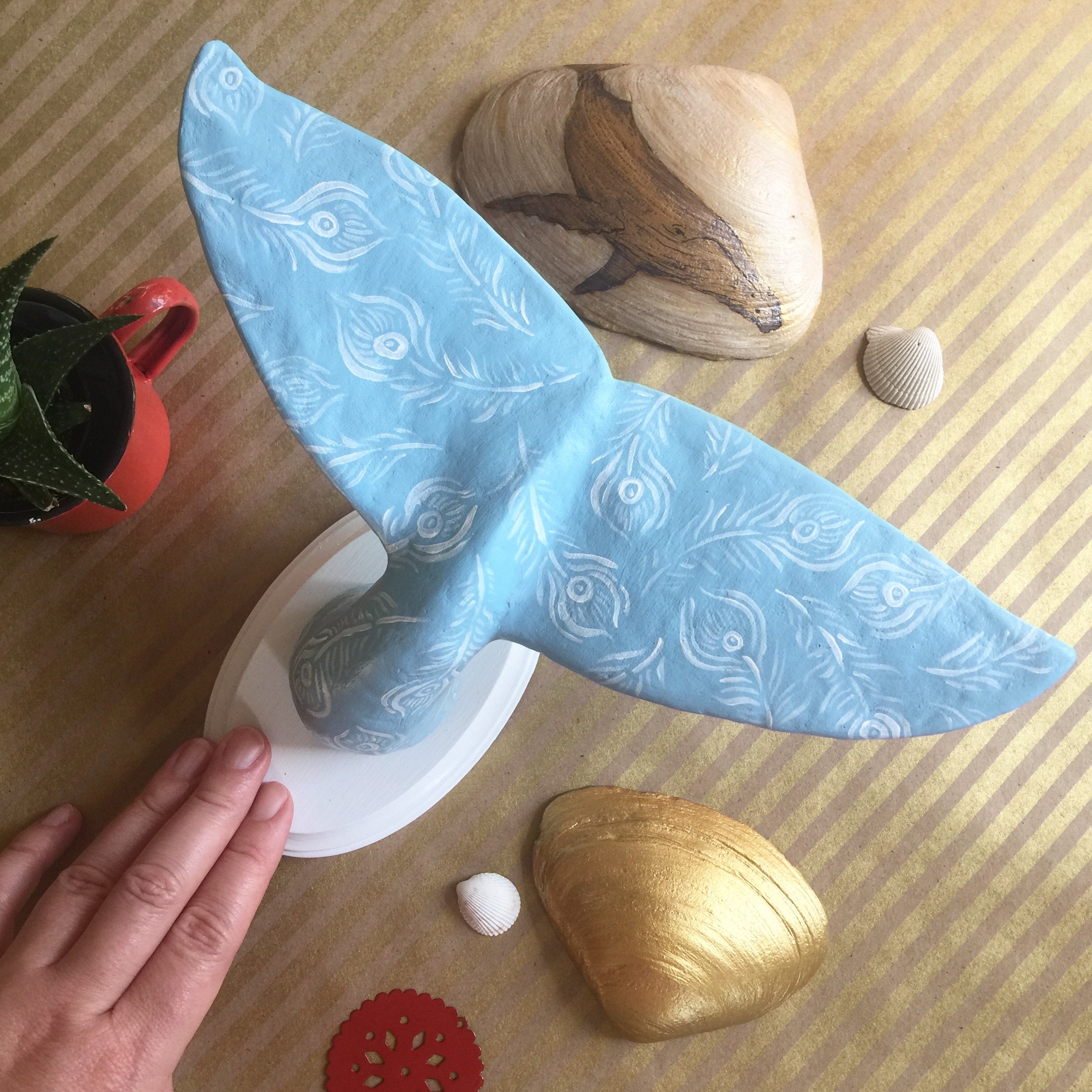 Paper Mache Humpback Whale Tail With Peacock Feathers, Whale, Whale ...
