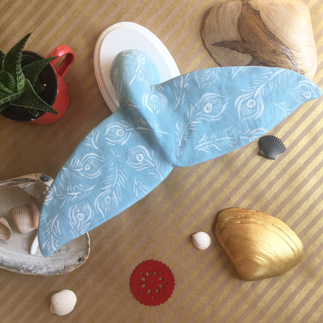 Paper Mache Humpback Whale Tail With Peacock Feathers, Whale, Whale ...