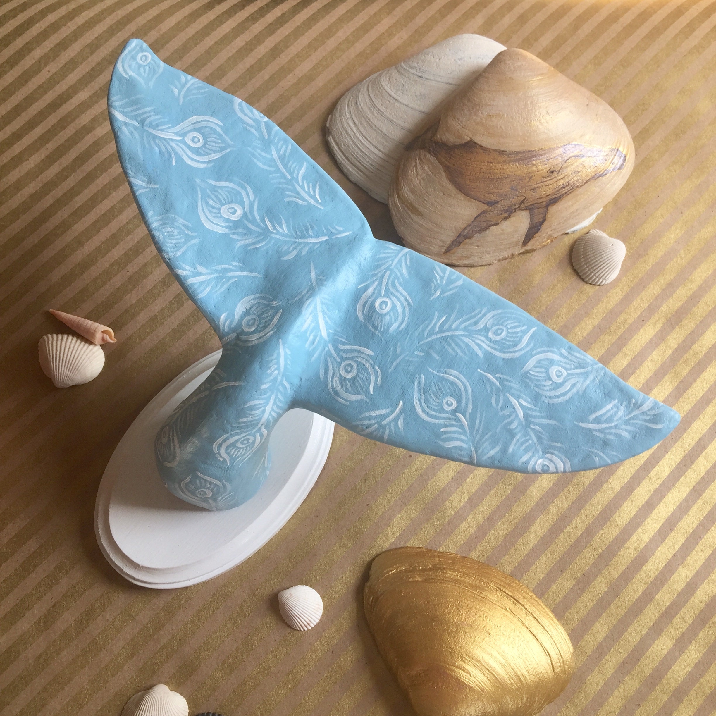 Paper Mache Humpback Whale Tail With Peacock Feathers, Whale, Whale ...