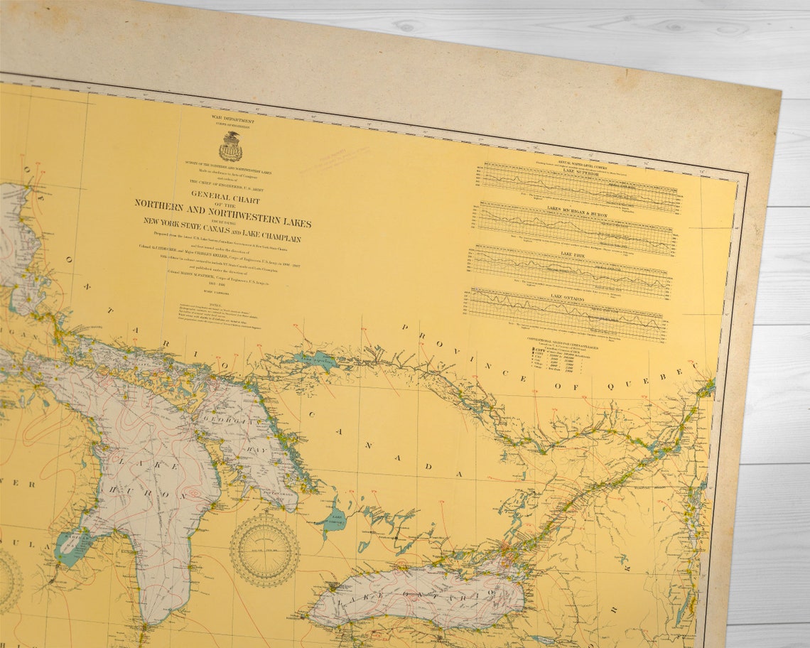 Great Lakes Huge Old Map of Lakes Superior, Michigan, Huron, Erie ...