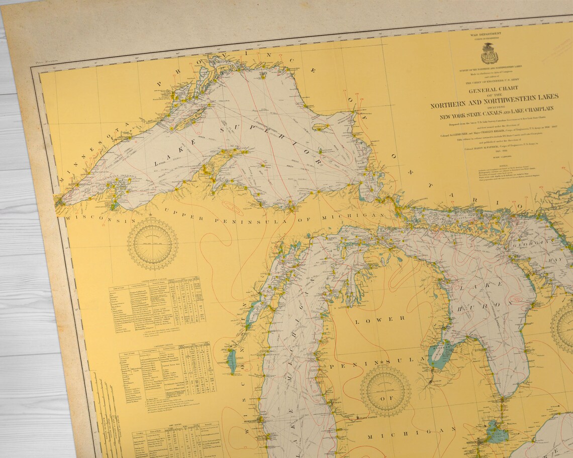 Great Lakes Huge Old Map of Lakes Superior, Michigan, Huron, Erie ...