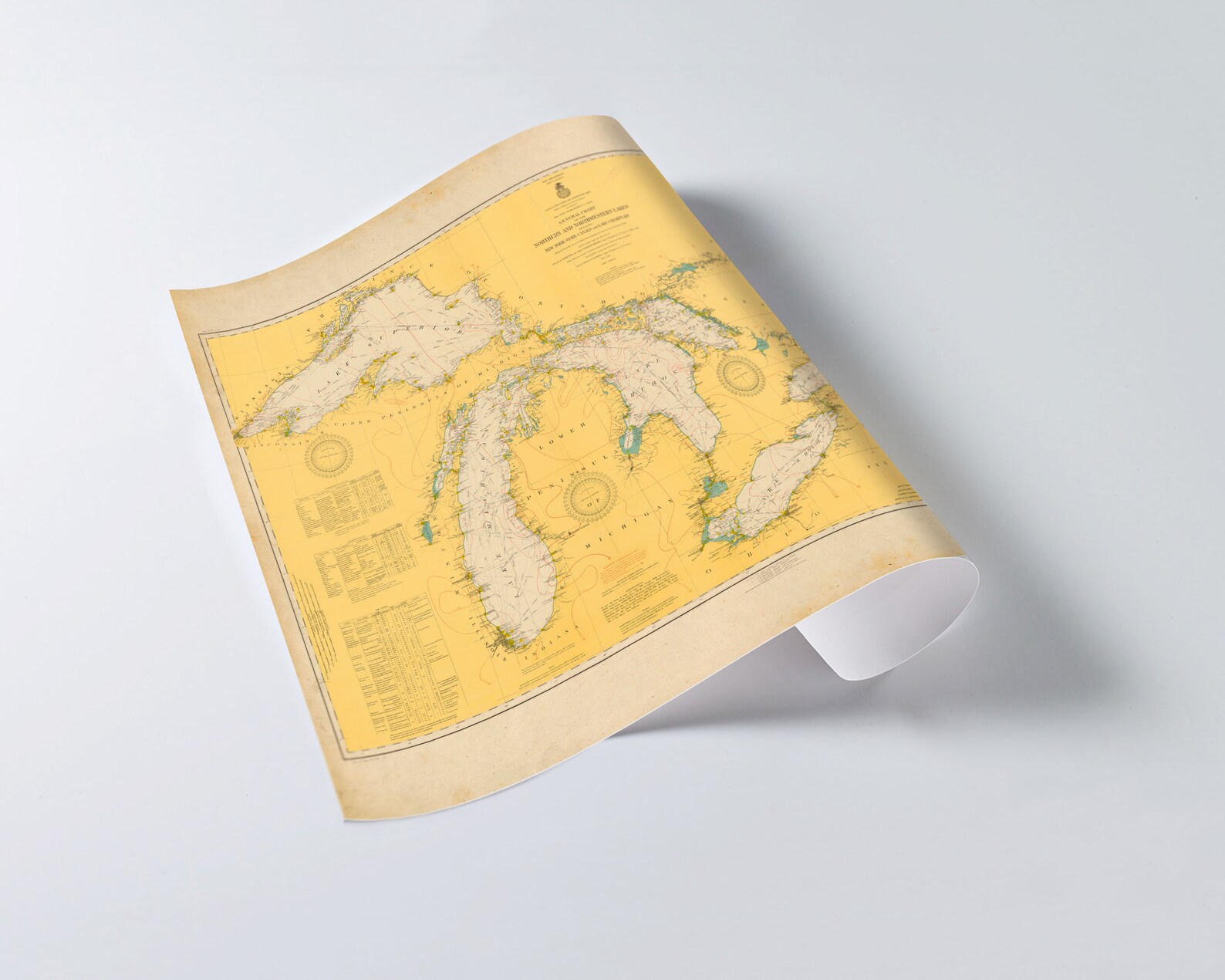 Great Lakes Huge Old Map of Lakes Superior, Michigan, Huron, Erie ...