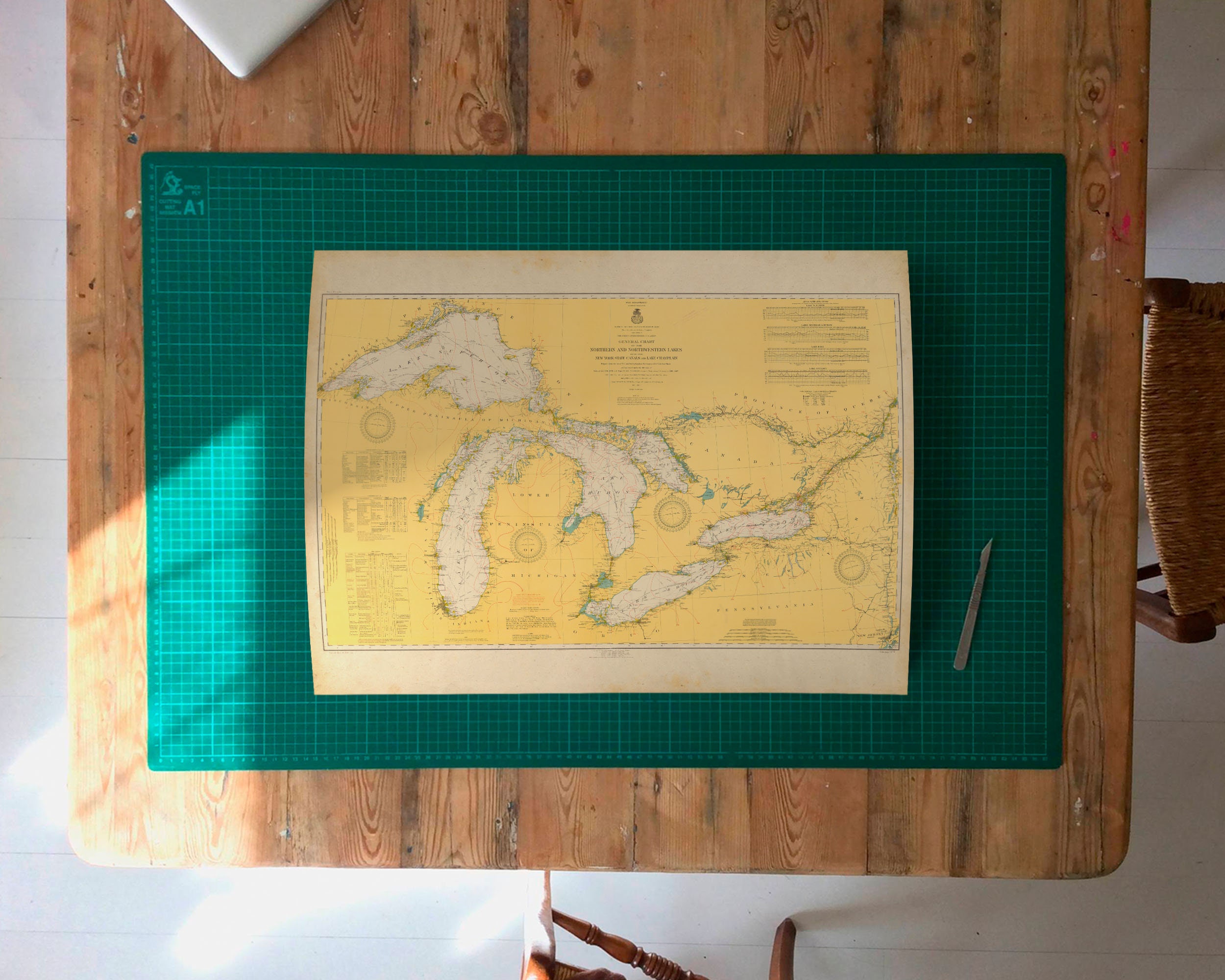 Great Lakes Huge Old Map of Lakes Superior, Michigan, Huron, Erie ...