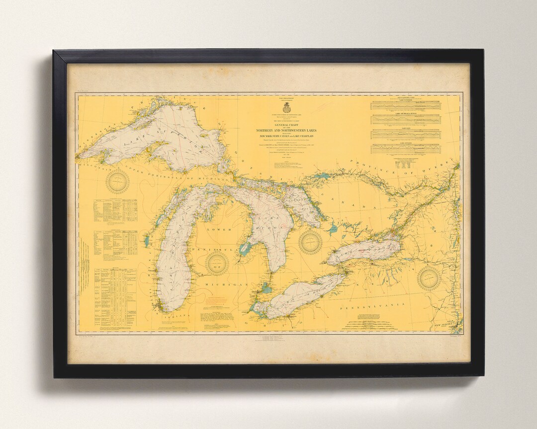 Great Lakes Huge Old Map of Lakes Superior, Michigan, Huron, Erie ...