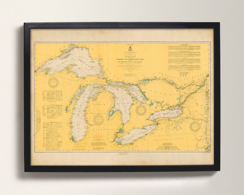 Great Lakes Huge Old Map of Lakes Superior, Michigan, Huron, Erie ...