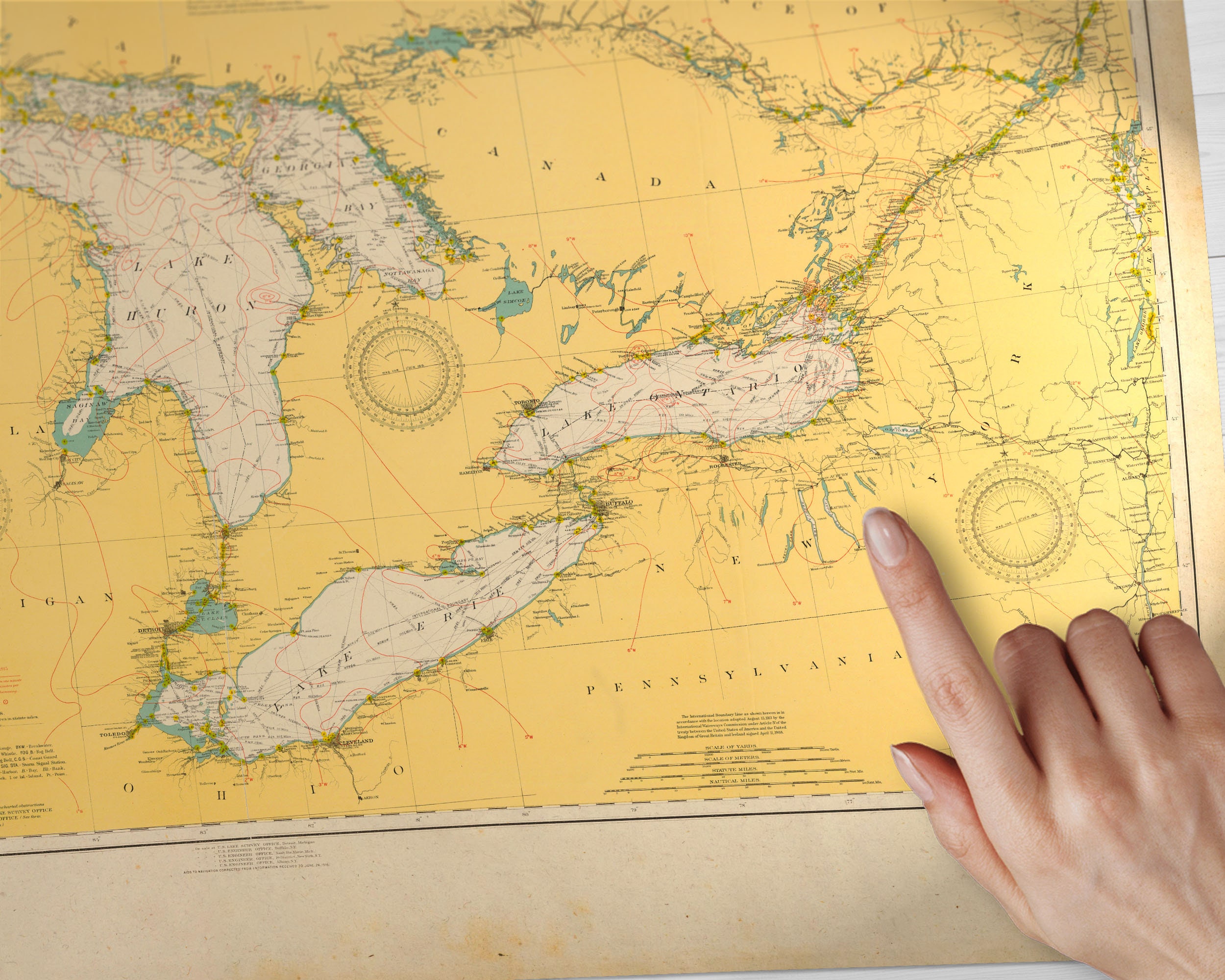 Great Lakes Huge Old Map of Lakes Superior, Michigan, Huron, Erie ...