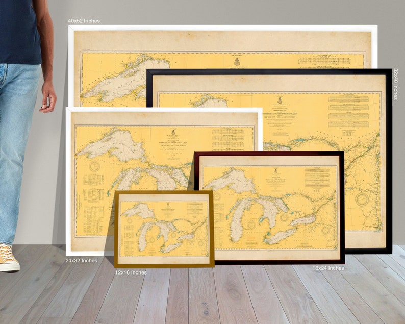 Great Lakes Huge Old Map of Lakes Superior, Michigan, Huron, Erie ...