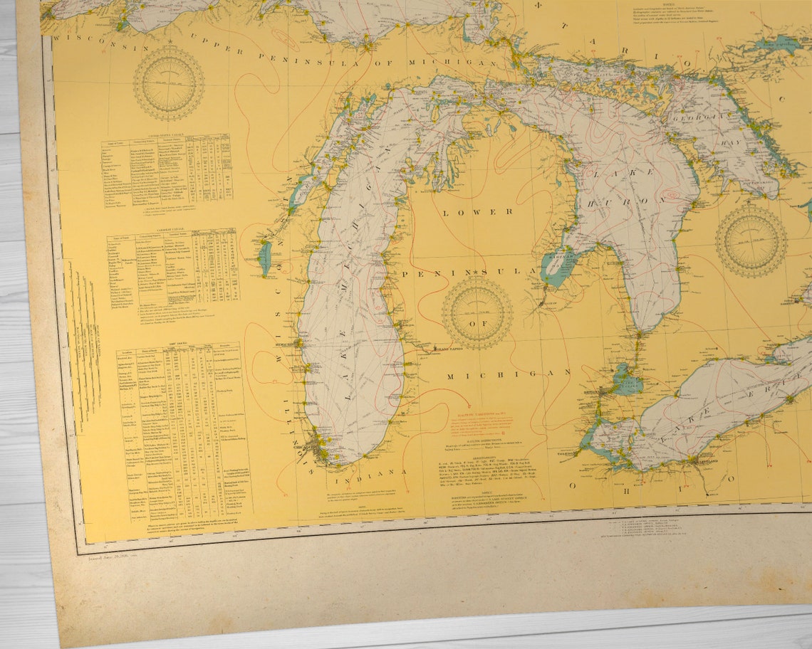 Great Lakes Huge Old Map of Lakes Superior, Michigan, Huron, Erie ...