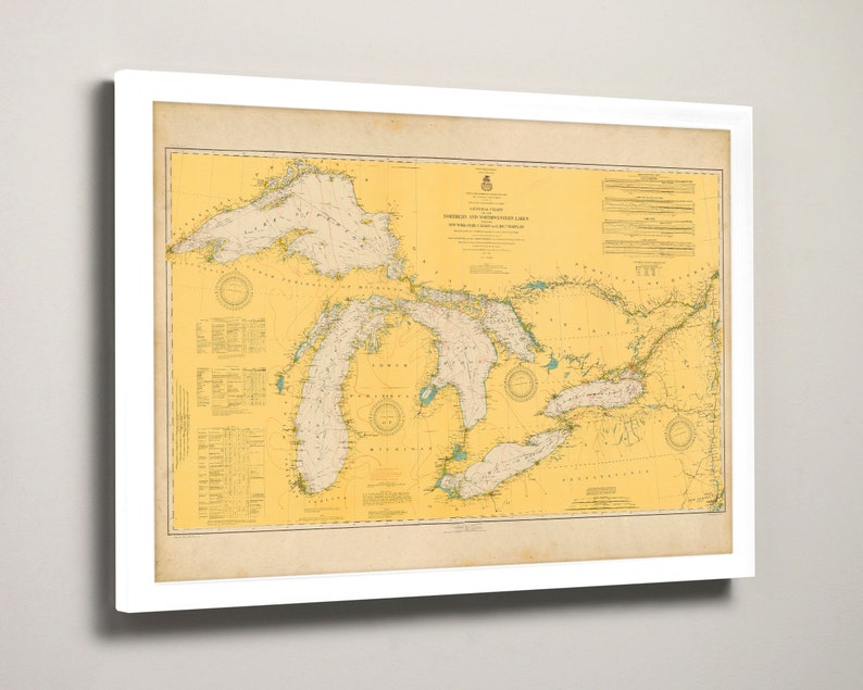 Great Lakes Huge Old Map of Lakes Superior, Michigan, Huron, Erie ...