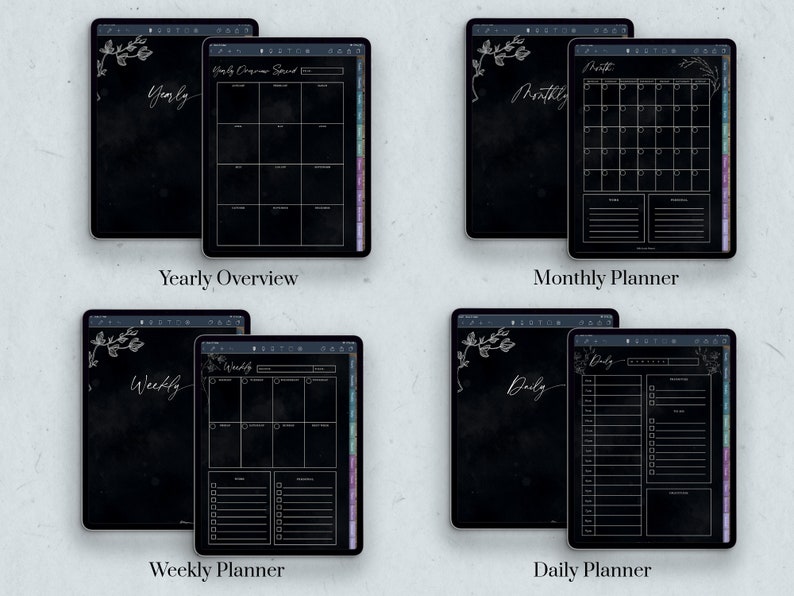 Digital Planner Dark Mode Undated Yearly Planner Modern - Etsy