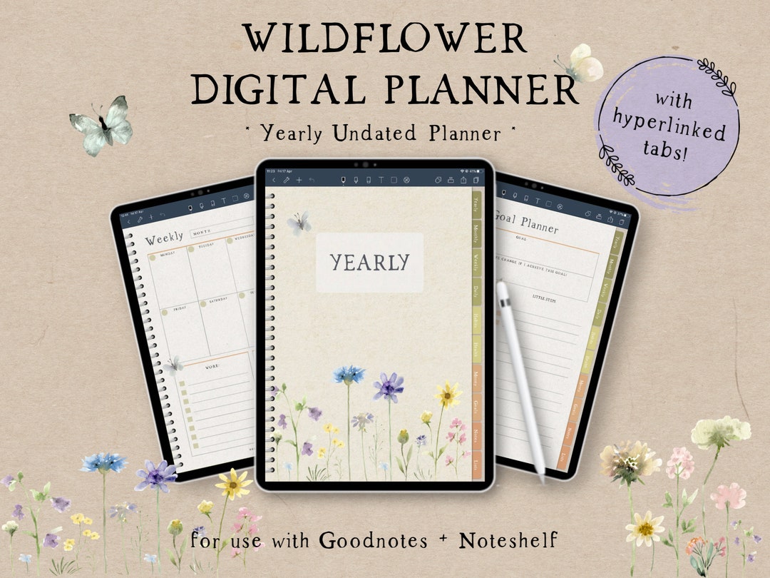 Digital Yearly Planner, Wildflower Theme, Undated Planner, Daily ...