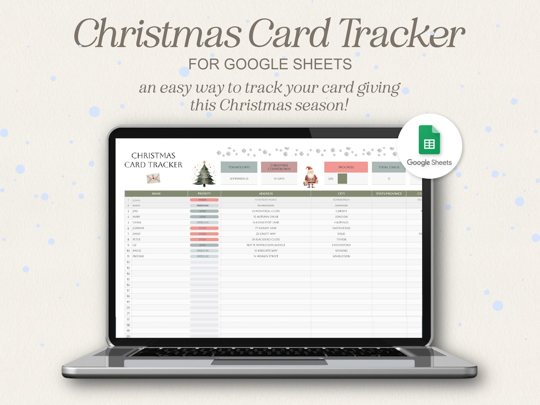 Google Sheets Christmas Card Tracker, Holiday Card Spreadsheet ...