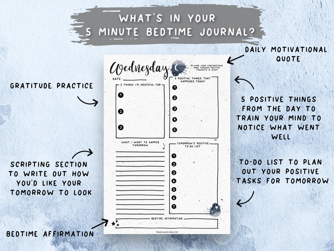 Printable 5 Minute Bedtime Journal, Gratitude Journal, Law of ...