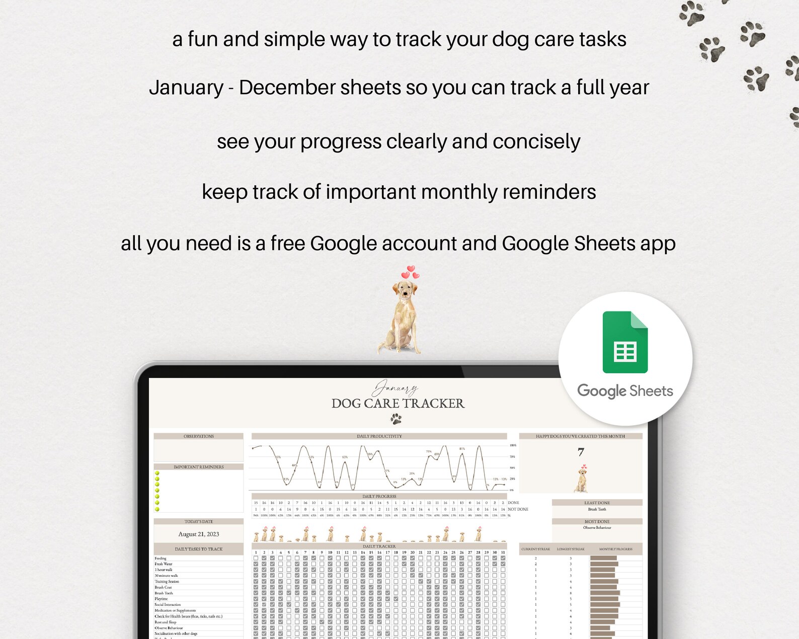 Google Sheets Golden Lab Dog Planner, Spreadsheet Dog Habit Tracker ...