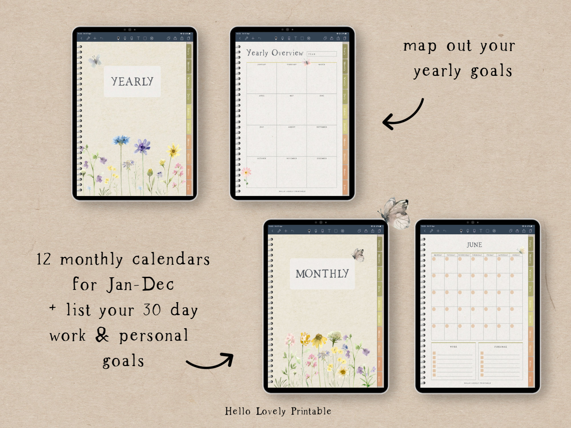 Digital Yearly Planner, Wildflower Theme, Undated Planner, Daily ...