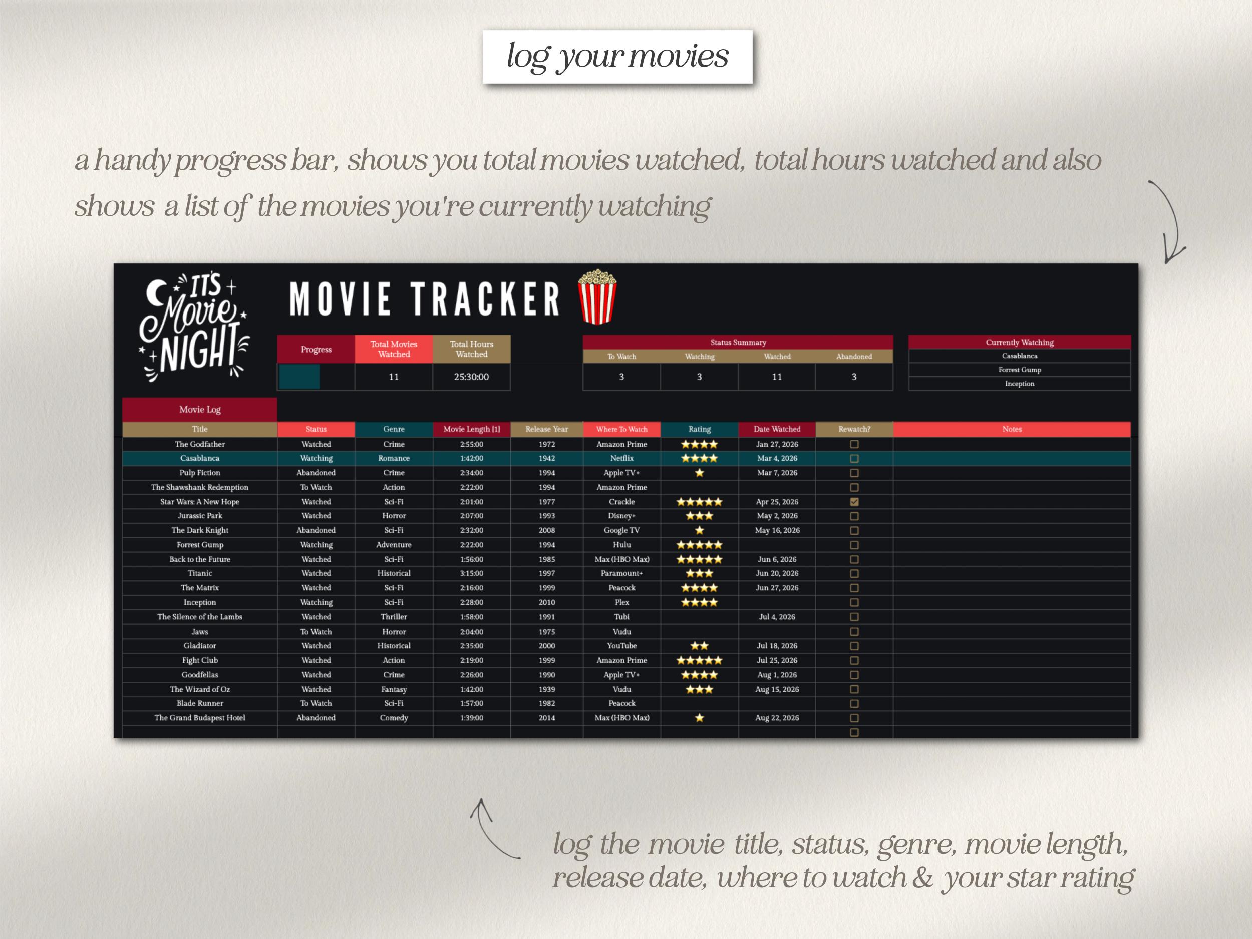 Google Sheets TV & Movie Tracker, Movie Log, TV Series Tracker, Movie ...