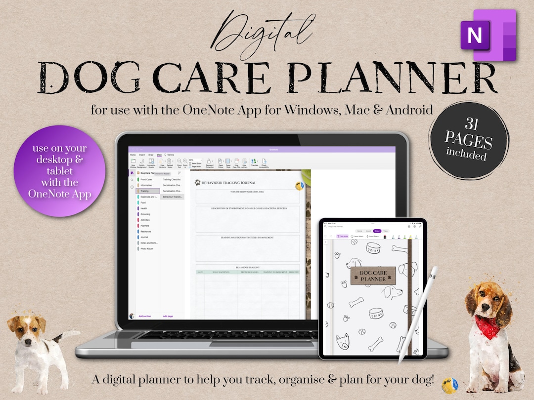 Onenote Planner, Digital Dog Care Planner, Dog Training Tracker, Puppy ...