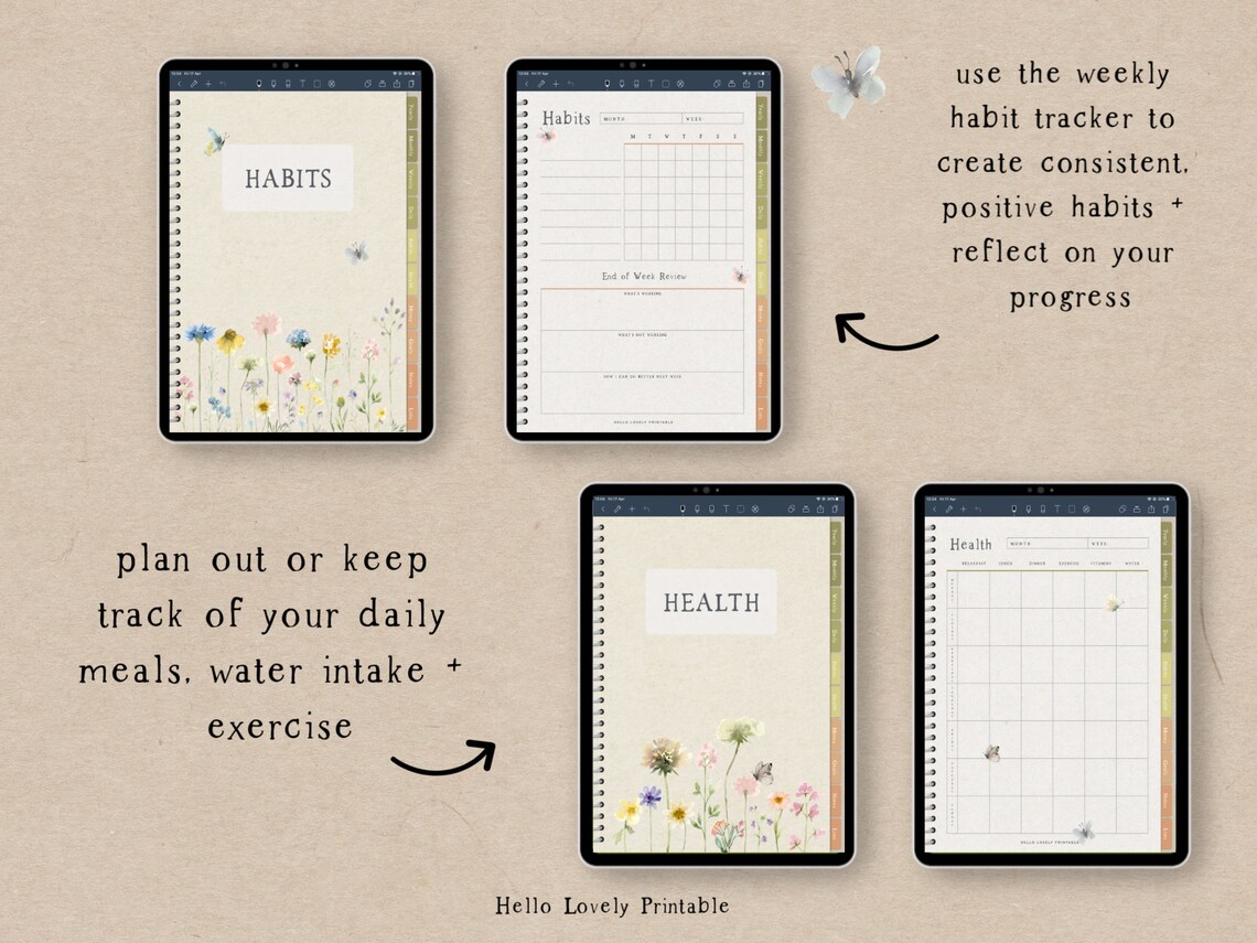 Digital Yearly Planner, Wildflower Theme, Undated Planner, Daily ...