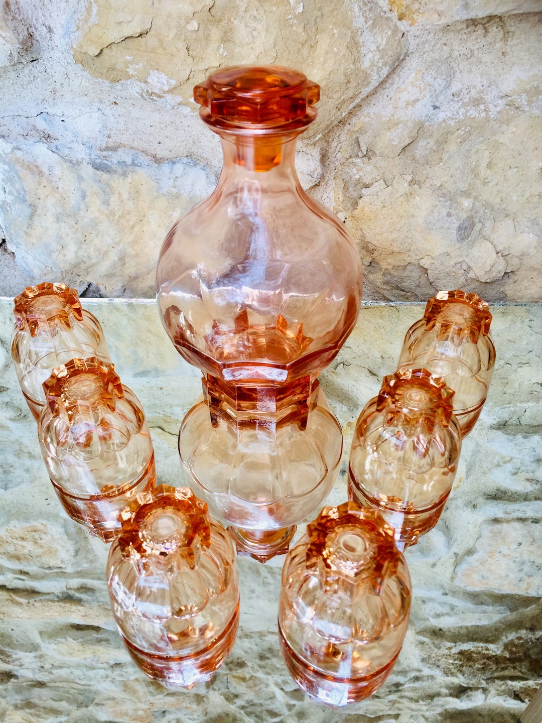 Antique Pink Depression Glass Liqueur Decanter and 6 Lovely Salmon Pink ...