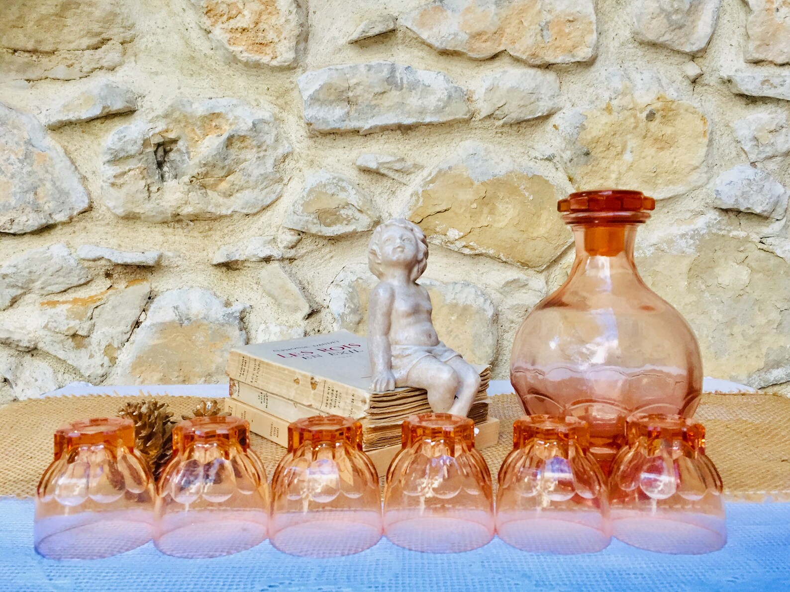 Antique Pink Depression Glass Liqueur Decanter and 6 Lovely Salmon Pink ...