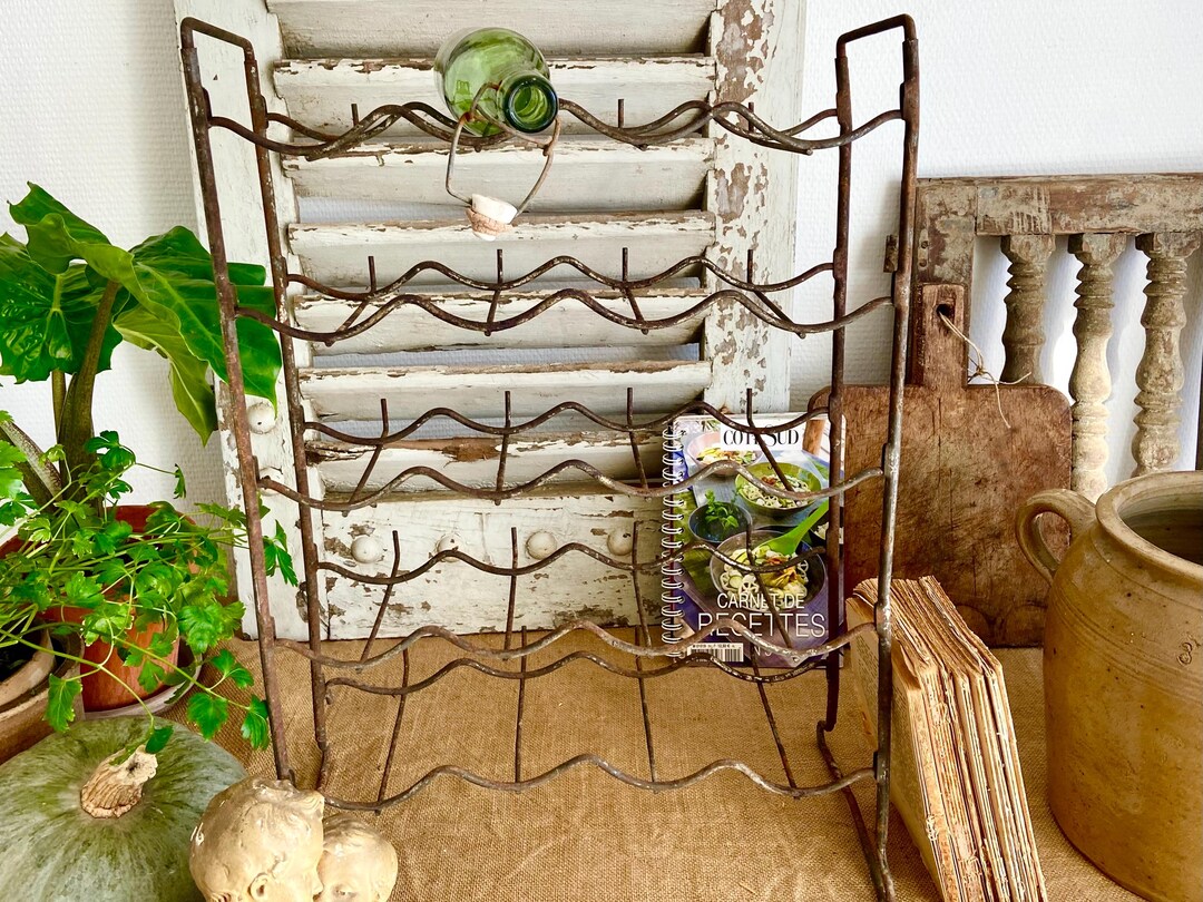 Antique French Bottle Rack, Lovely Rustic 20 Bottle Wrought Iron Wine ...