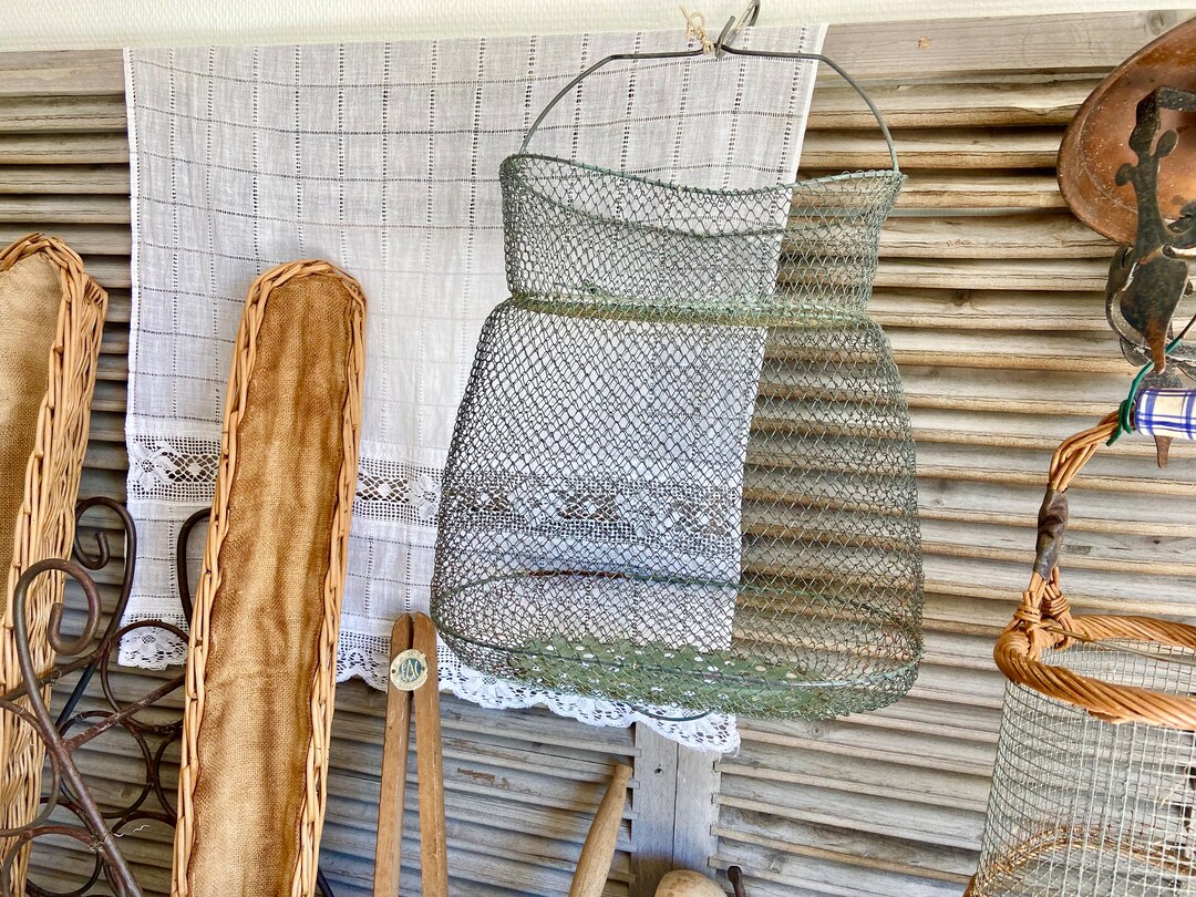 Vintage Wire Mesh Fish Basket, Folding Green 2 Tiered Fishing Net, Old ...