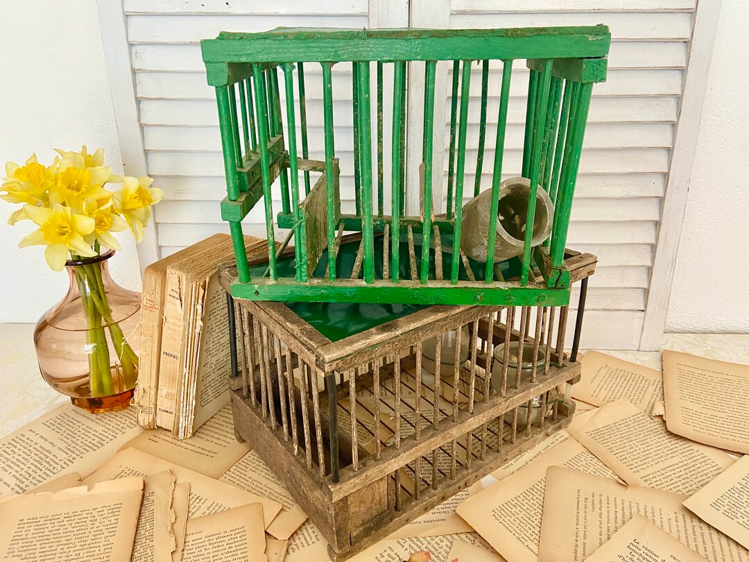 Price for TWO French 1940's Handmade Bird Cages, Faded Wood and Wire ...