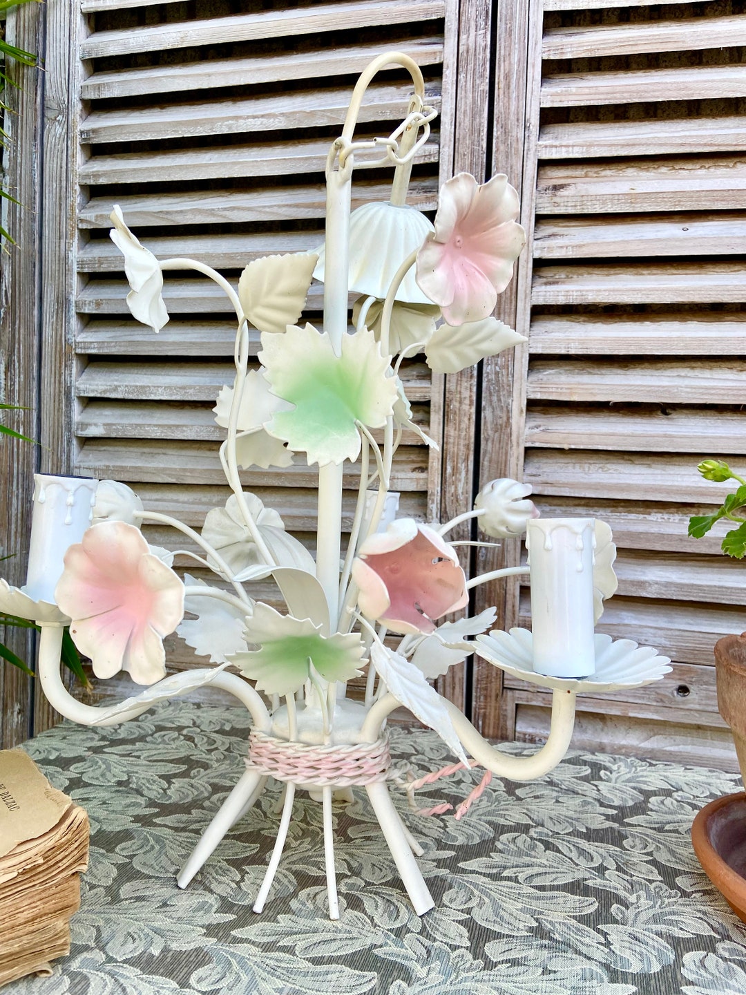 Vintage French Toleware Chandelier: Pink Floral Cottagecore Light - Etsy