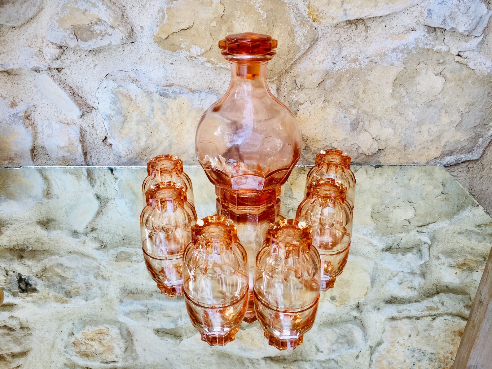 Antique Pink Depression Glass Liqueur Decanter and 6 Lovely Salmon Pink ...