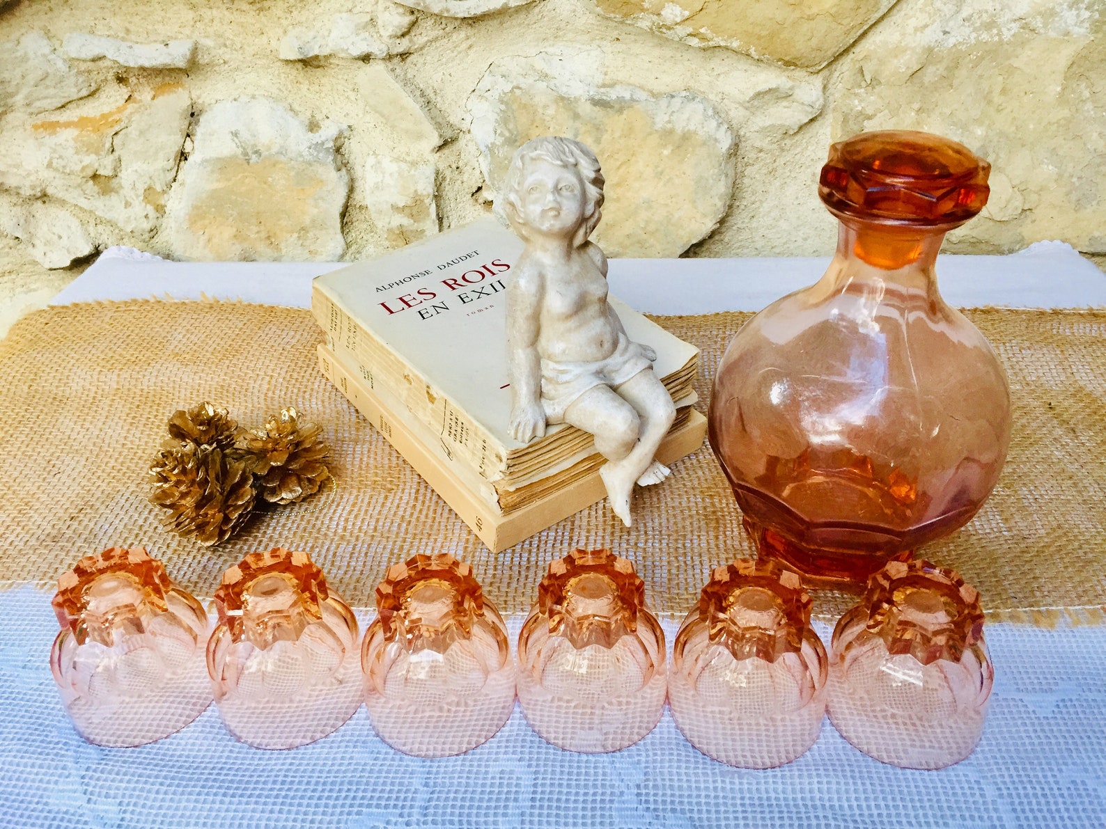 Antique Pink Depression Glass Liqueur Decanter and 6 Lovely Salmon Pink ...