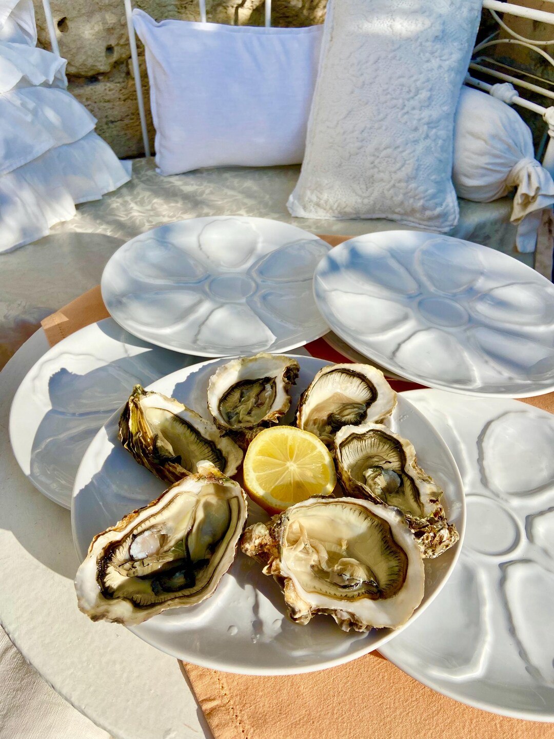White Oyster Plates, Set of 6 Vintage French Shellfish Platters, Lovely ...