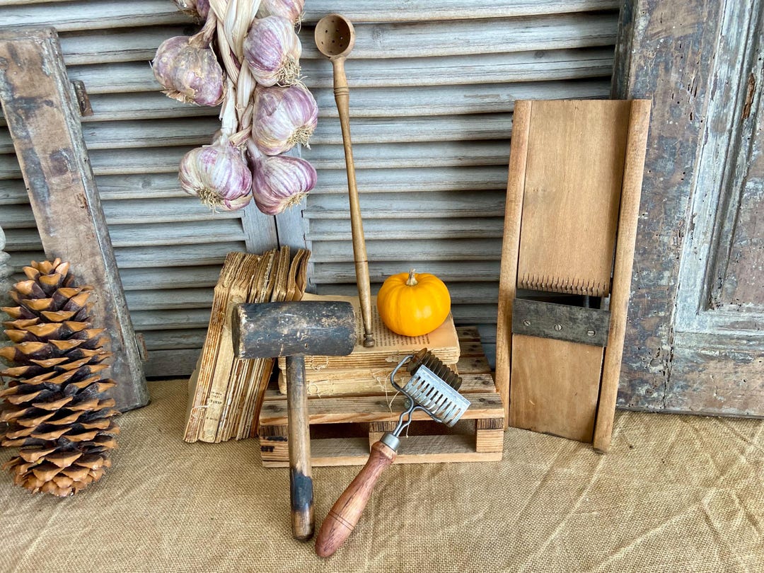 Antique French Kitchen Utensil Set: Olive Scoop, Pasta Cutter, Meat ...