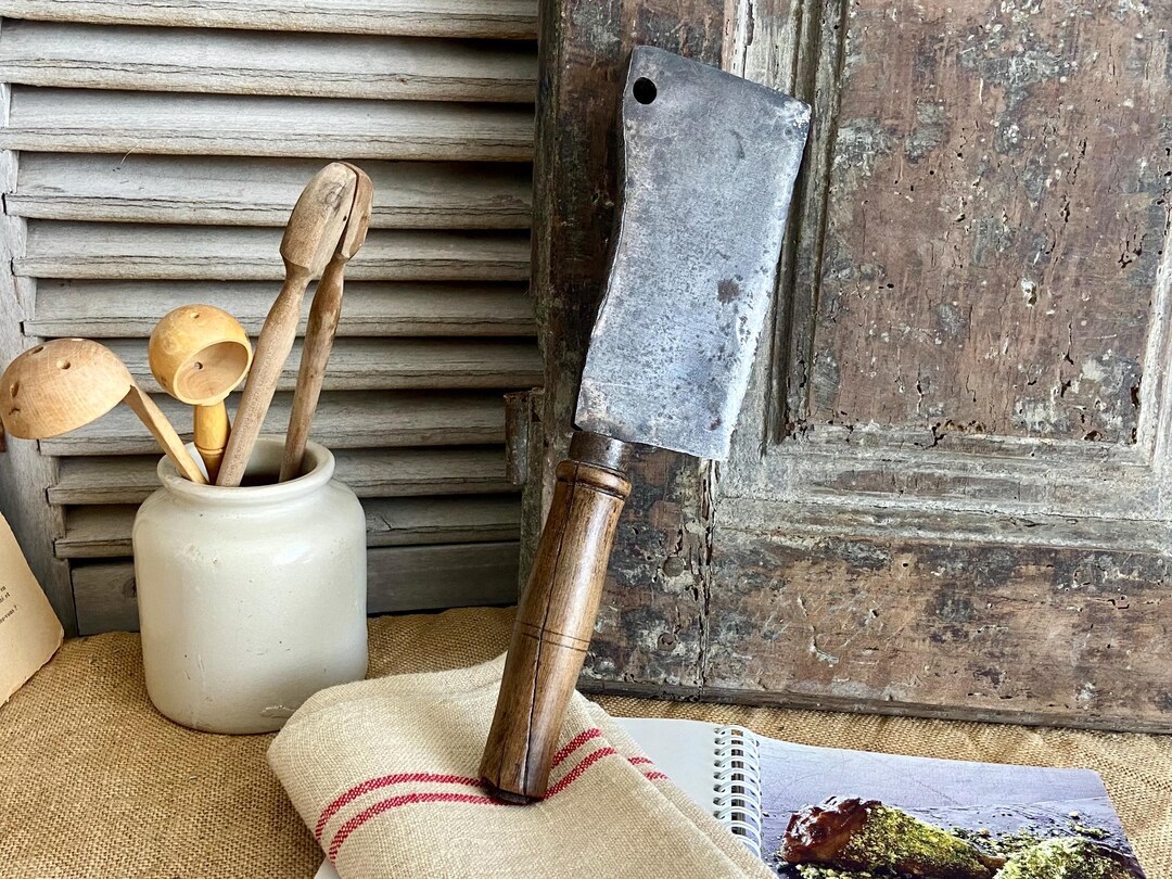 Antique French Chopping Cleaver, Hand Forged Wrought Iron and Wood Meat ...