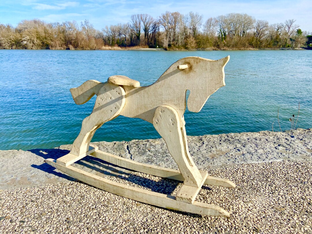 Antique French Ride on Rocking Horse, Lovely Distressed Creamy White ...