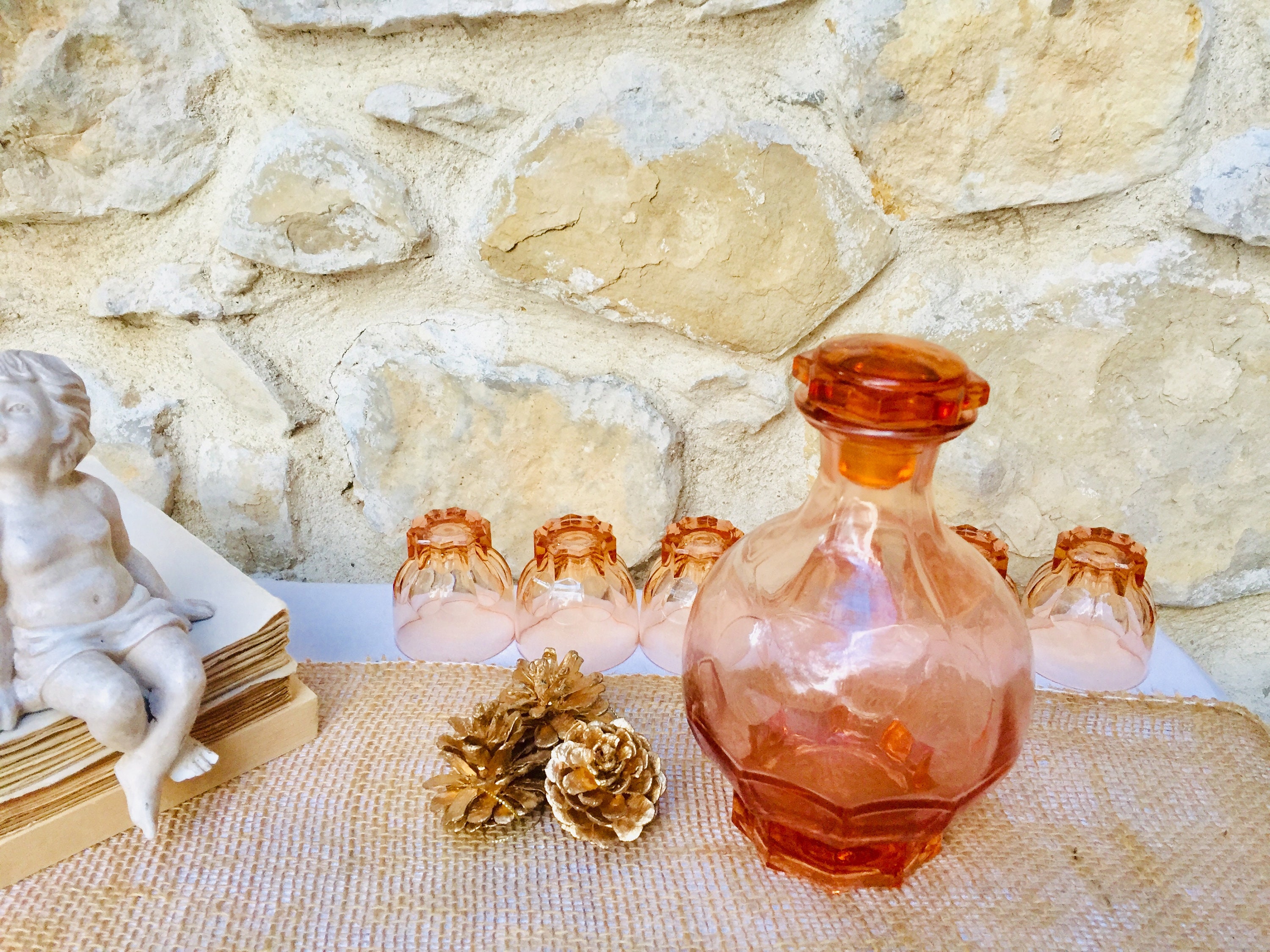 Antique Pink Depression Glass Liqueur Decanter and 6 Lovely Salmon Pink ...