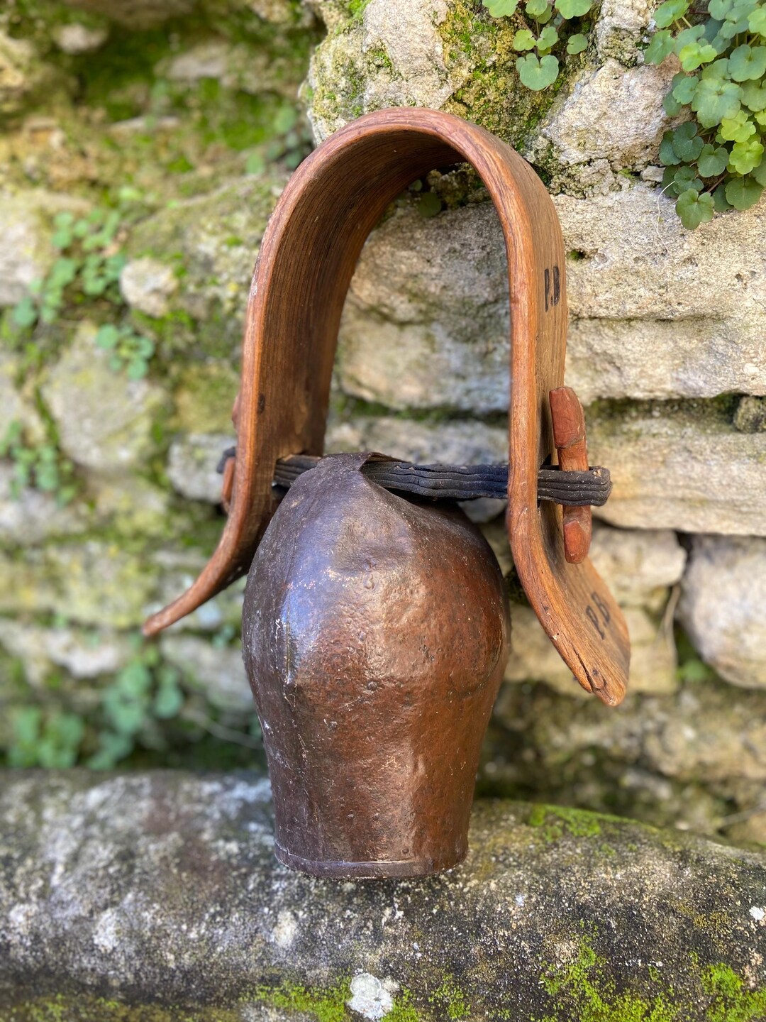 RARE XL Antique French Goat Bell, Handcrafted Leather Strap, Bentwood ...
